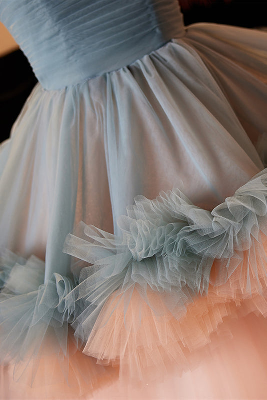 Dusty Blue and Pink Strapless Ruffle Layers Tulle Long Prom Dress ...