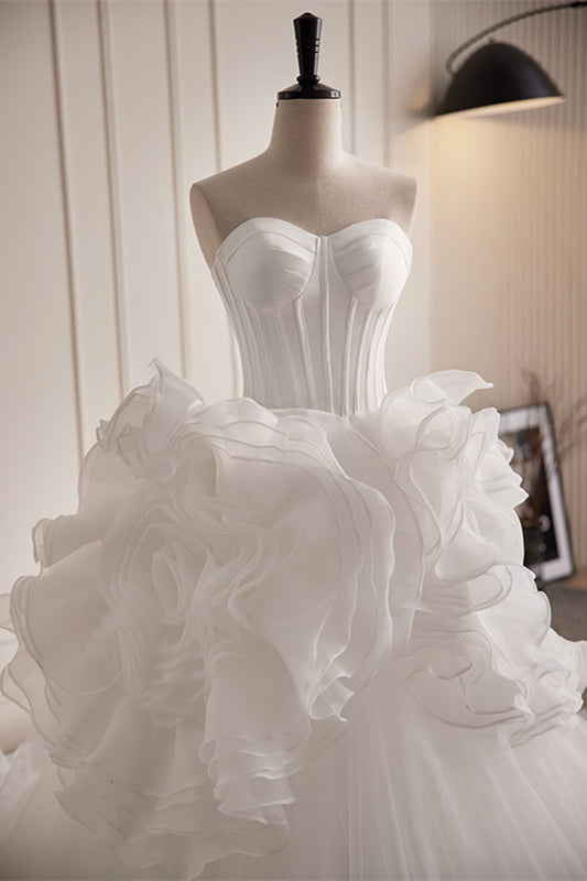 White Strapless Ruffle Layers A-line Tulle Long Prom Dress – Joyofdress