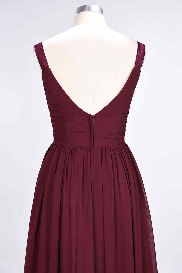 Burgundy A-line V Neck Sheer Straps Pleated Chiffon Long Bridesmaid Dr ...