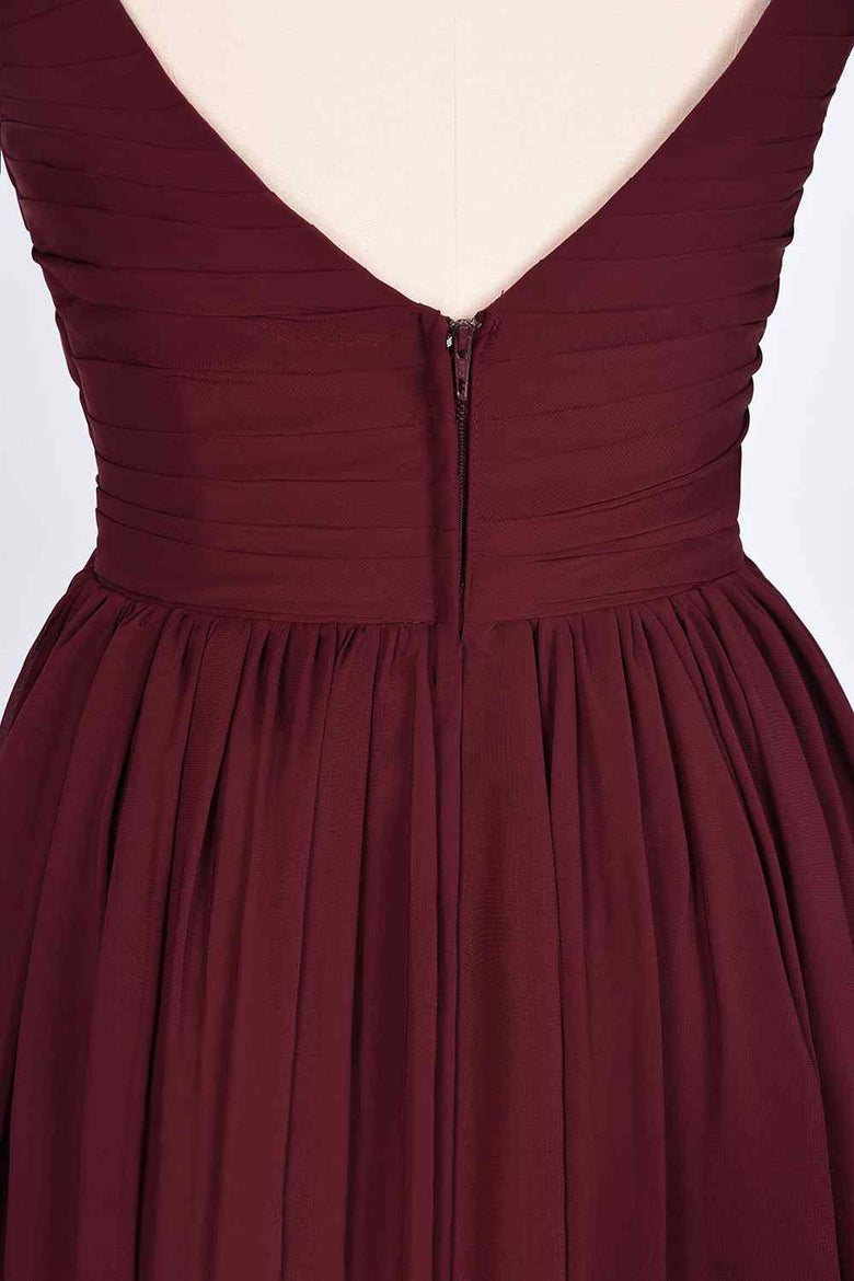 Burgundy A-line V Neck Sheer Straps Pleated Chiffon Long Bridesmaid Dr ...