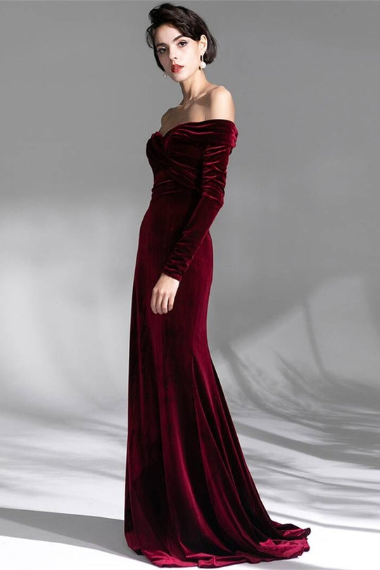 Long Sleeves Burgundy Velvet Dress - Joyofdress